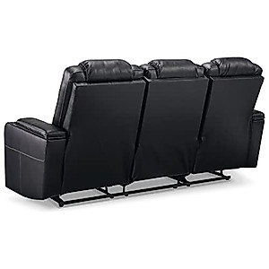 Signature Design by Ashley Center Point Contemporary Faux Leather Tufted Reclining Sofa with Drop Down Table, Black