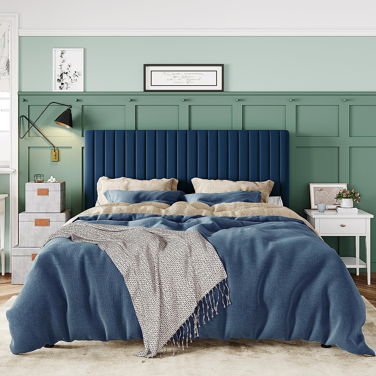 Allewie Queen Bed Frame, Velvet Upholstered Platform Bed with Adjustable Vertical Channel Tufted Headboard, Mattress Foundation with Strong Wooden Slats, Box Spring Optional, Easy Assembly, Blue
