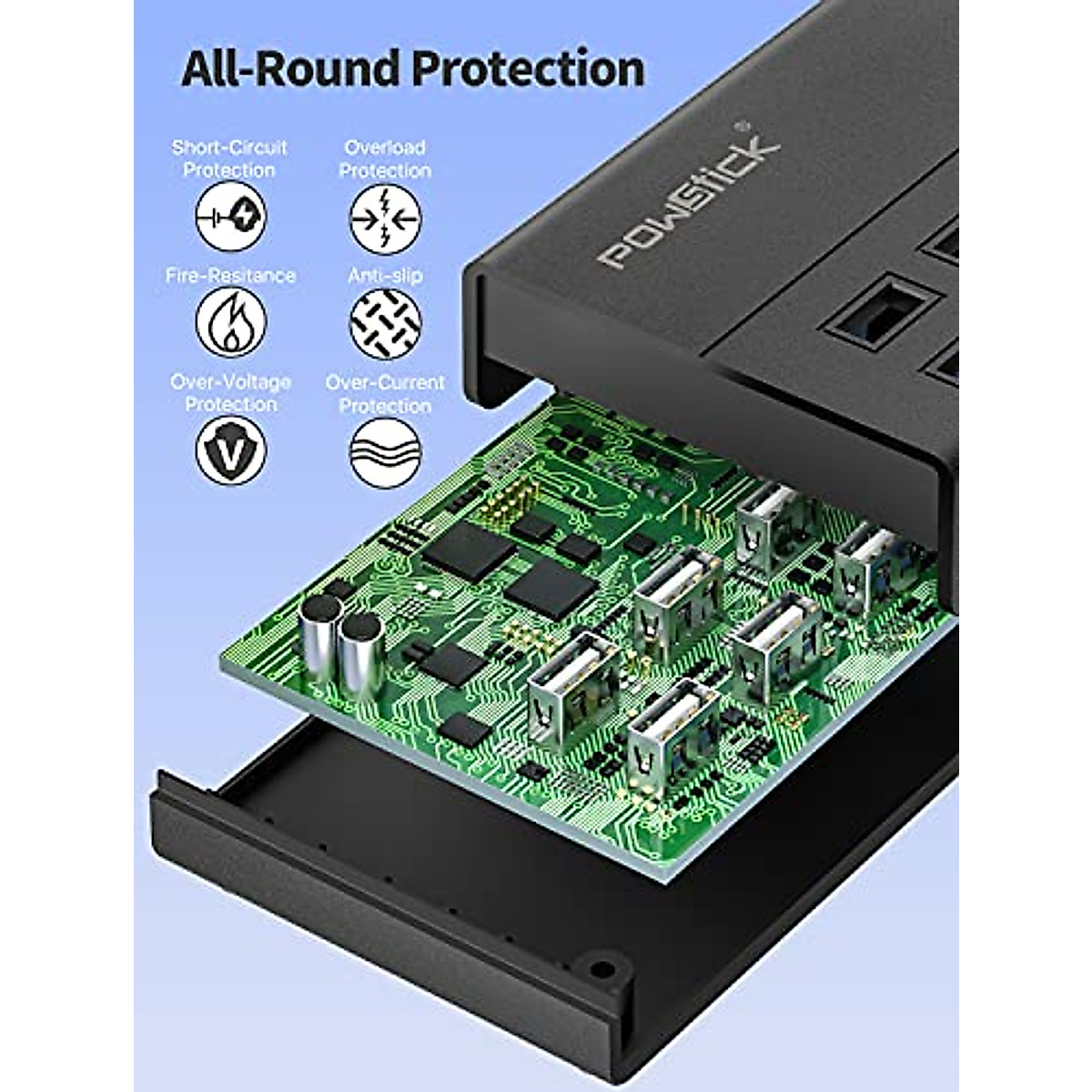 USB Charger Station,Powstick 8 Ports Charging Hub 60W/12A, Included 3 Mixed Cables,Desktop Compact Multi Port USB Charger Compatible Phone, iPad Tablet and Multiple Device(5ft Detachable Cord,Black)