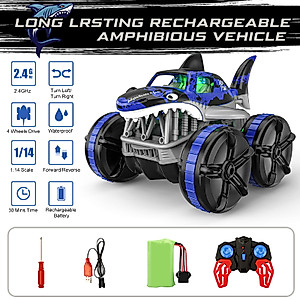 Amphibious Remote Control Car, RC Cars 2.4 GHz Working on Water, All Terrain Monster Shark Truck Stunt Car, Toys Gift for Boys Girls Age 5 6 7 8 9 10