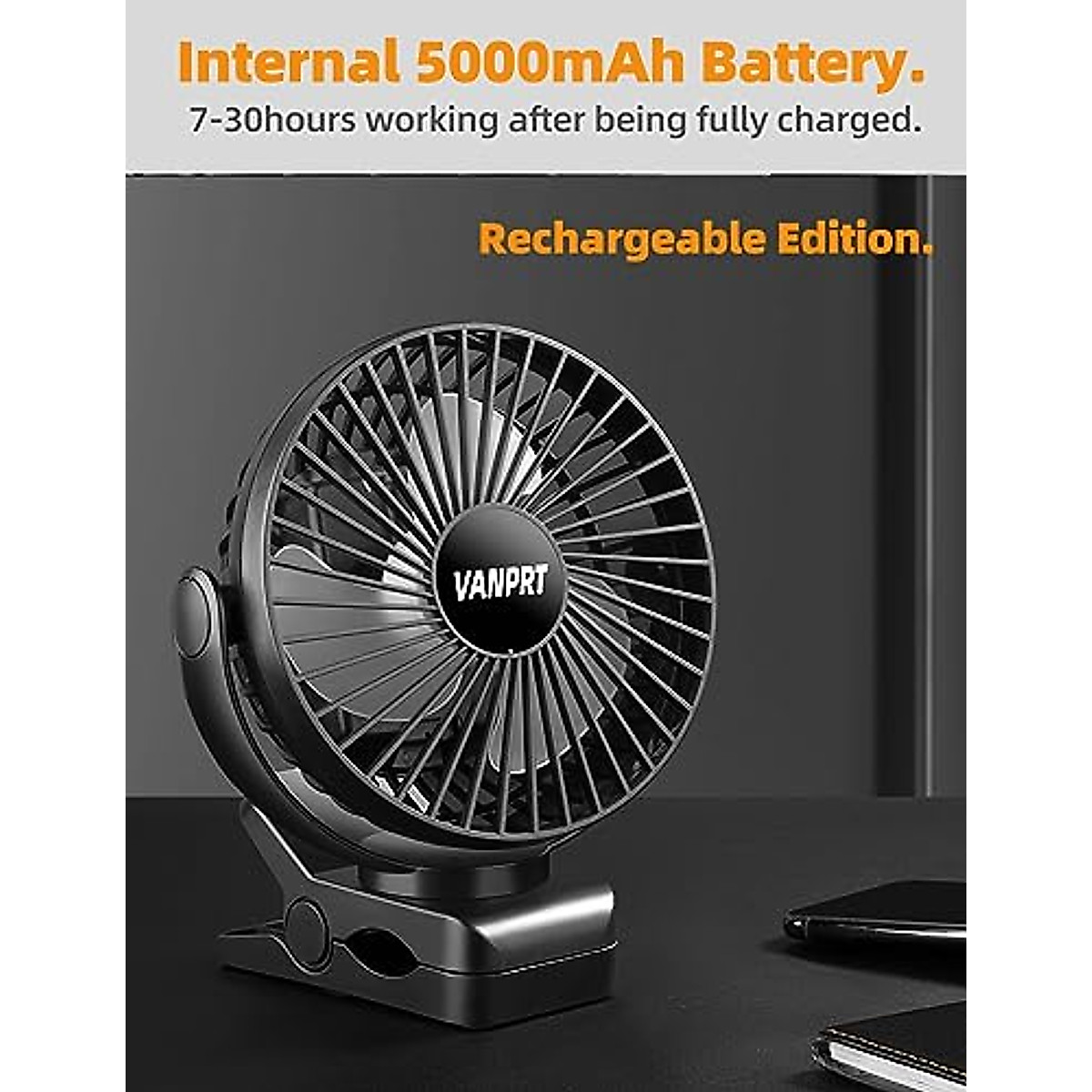 VANPRT 5000mah Clip on Fan, 6'' Portable Rechargeable Battery Fan, 7-30 Working Hours, 3 Speeds Strong Airflow, 720° Rotation, Quiet, Strong Clamp for Desk/Office/Golf/Car/Gym/Treadmill - Black
