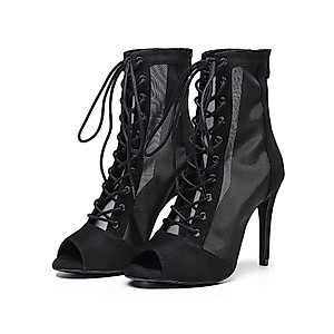 HIPPOSEUS Women's Net Yarn Dance Heels Peep Toe Ballroom Party High Heel Dance Salsa Dance Shoes Performance Ankle Dance Boots Black 4inch heel,7 US