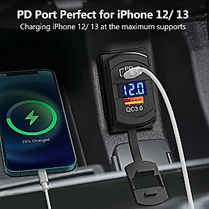 [2022 New] USB C Car Charger Socket Rocker Style Switch Replacement, Dual PD and QC3.0 12V/24V Panel Mount USB Outlet with LED Voltmeter for Boat Marine Truck Bus Off Road Vehicles RV Golf Cart, etc.