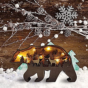 Linwnil Forest Animal Wooden Home Wall Sculptures Ornament,Multi-Layer 3D Wood Carving Art Shelf Table Wood Crafts Home Furnishing (Bear)