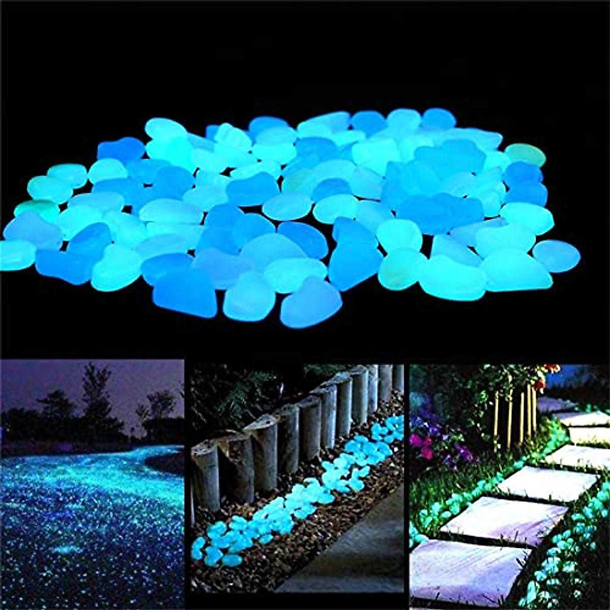 surgicalonline 300pcs Garden Decorative Stones Glow in The Dark Luminous Pebbles for Walkways Plants Aquarium Decor， Glowing Pebbles Powered Fish Tank Garden Decoration (Blue)