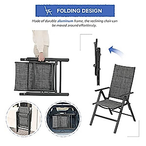 Soleil Jardin Outdoor Patio Dining Set for 4 with Aluminum Frame, 5 Piece Dining Table Set with 4 Adjustable Padded Folding Reclining Chairs & 1 Glass Top Table w/1.77” Umbrella Hole, Dark Gray