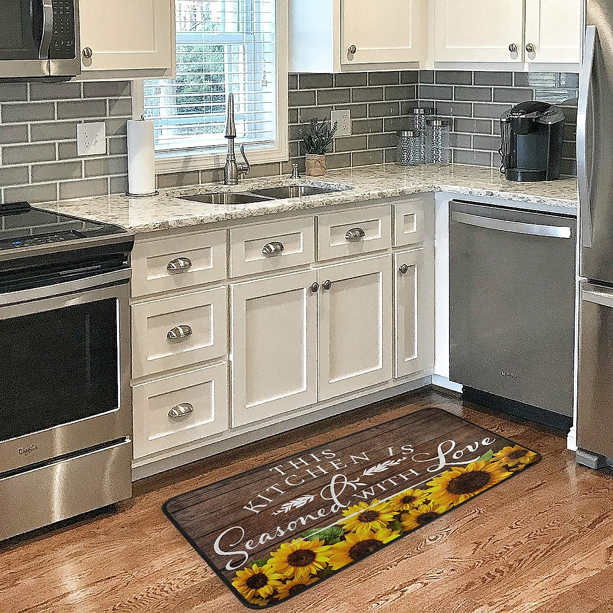 Kitchen Rug Autumn Sunflowers Wooden Seasoned with Love 39 x 20 Inch Non-Slip Anti Fatigue Comfort Entryway Door Mats Perfect Carpet for Home Decor