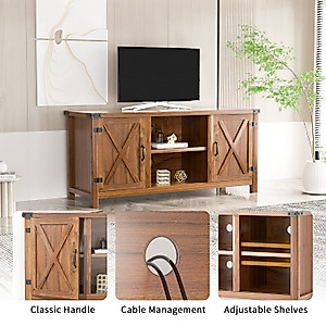 Farmhouse TV Stand for 65 Inch TV, Mid Century Modern Television Stand Entertainment Center for Living Room Bedroom, TV Console Table with Double Barn Doors and Storage Cabinets (Walnut)
