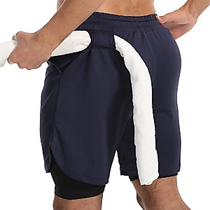 JWJ Men's Running Athletic Workout Sports Mens 2 in 1 Shorts Breathable Gym Short for Men with Pocket, Navy Meduim