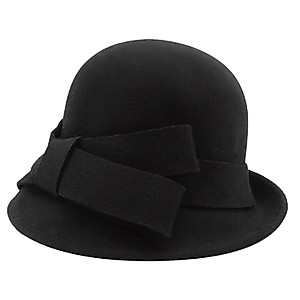 Bellady Women Solid Color Winter Hat 100 percent Wool Cloche Bucket with Bow Accent,Black, One Size