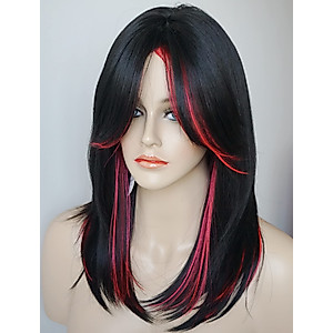 Medium Length Layered Wigs Black with Red Highlights wigs Layered wig with bangs Synthetic wig Highlight for white Women (Black with red)