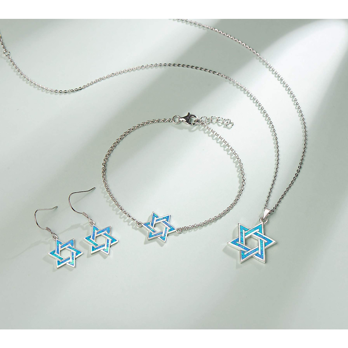 FANCIME Star of David Necklace for Women Hanukkah Gifts 925 Sterling Silver Blue Created Opal Necklace Charm Geometric Pendant Jewelry for Women