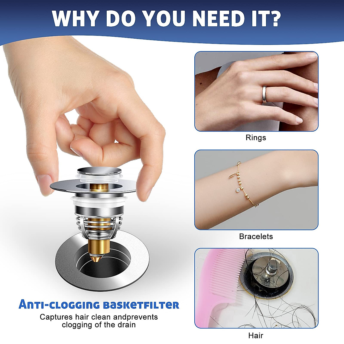 AURUZA 2 Pack Universal Bathroom Sink Stopper, Sink Strainer for 1.1-1.5 Inch Bullet Core Push Type Basin Pop Up Drain Filter,Bathtub Converter with Anti Clogging Filter Basket Hair Catcher