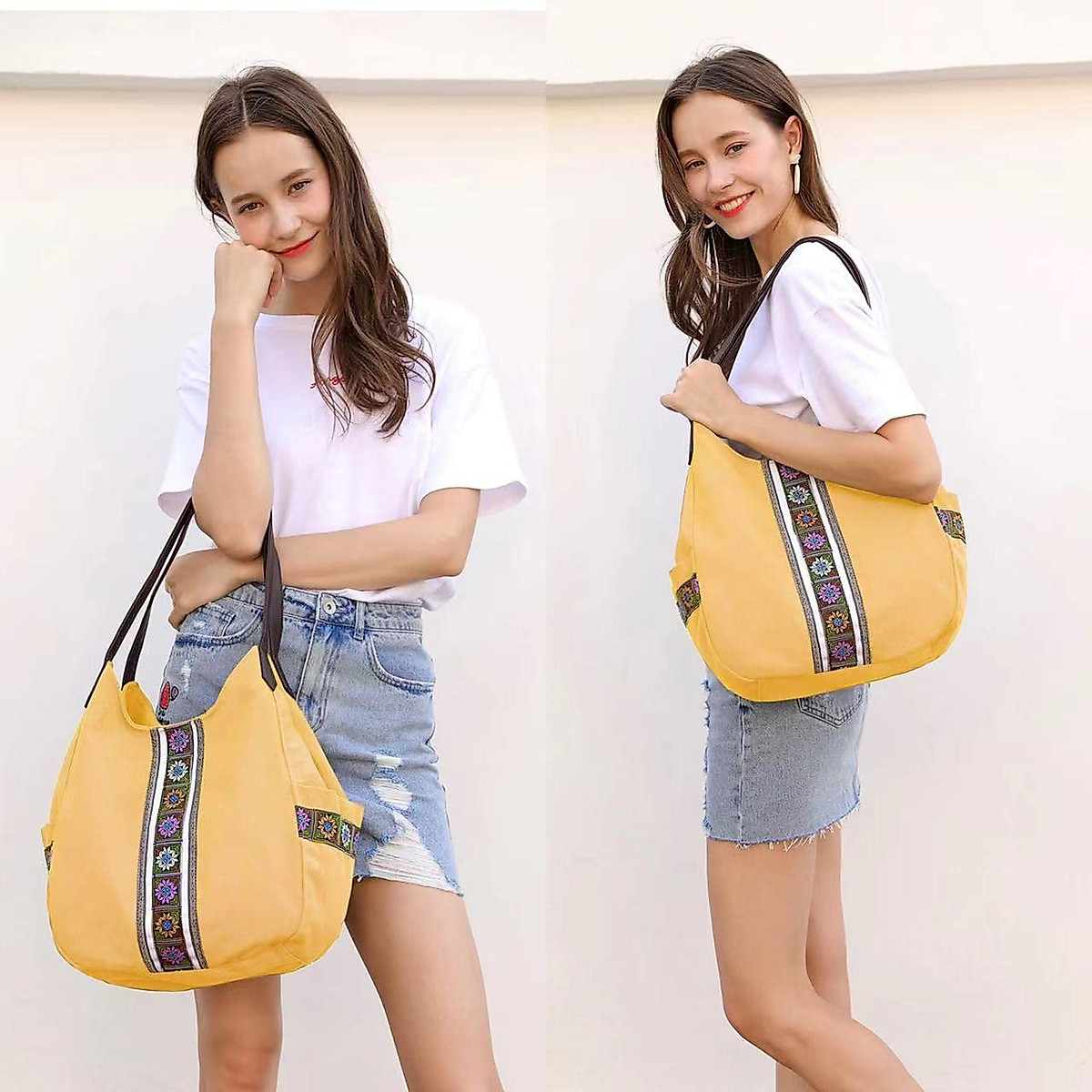 Worldlyda Women Canvas Hobo Purse Multi Pocket Tote Shopper Shoulder Bag Casual Top Handle handbag with Embroidery Ethnic Yellow