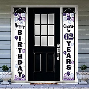 LASKYER Happy 62nd Birthday Purple Door Banner - Cheers to 62 Years Old Birthday Front Door Porch Sign Backdrop,62nd Birthday Party Decorations.