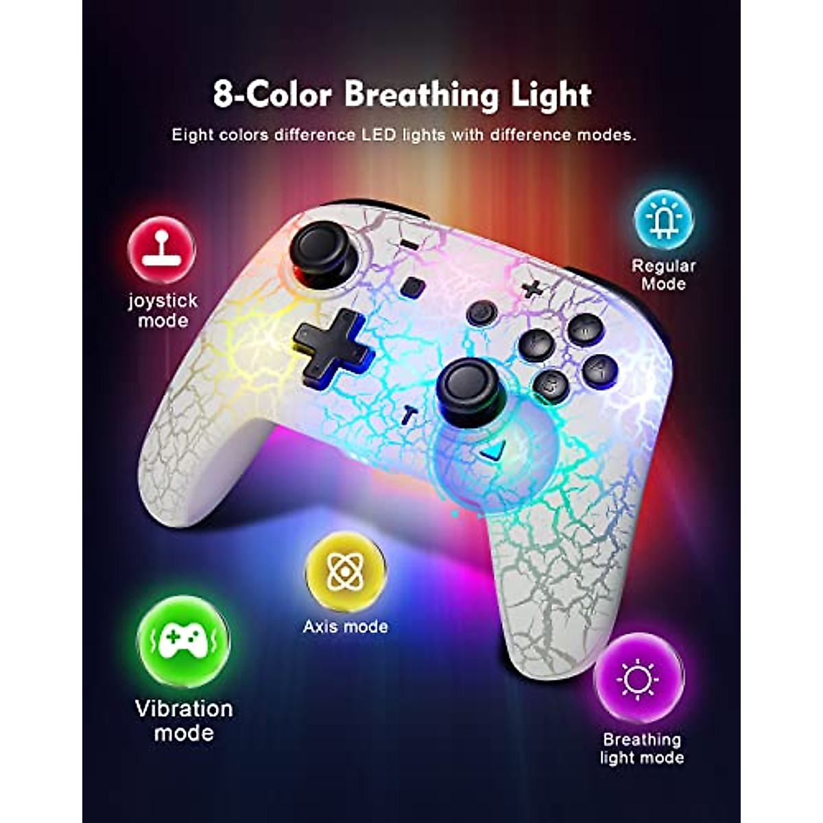 BlNBOK Switch Controller, Wireless Switch Pro Controller for Switch/Switch Lite/Switch OLED, 8 Colors Adjustable LED Wireless Remote Gamepad with Unique Crack/Turbo/Motion Control (White)