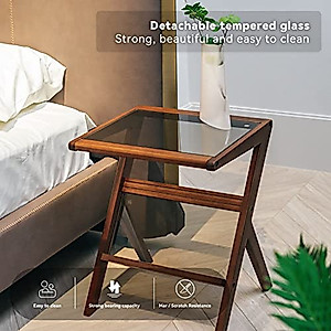 TZK Side Table Z Shape End Table with Tempered Glass Top, Solid Wood Modern Simplistic Style Coffee Table for Sofa Couch,Living Room,Bedroom(Walnut)