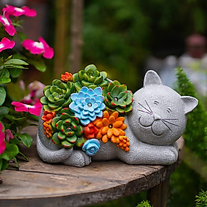 Qeeman Garden Outdoor Decor Cat Statue - Cat Resin with Solar Light Garden Statues Outsides Decorations for Cat Lovers Gardeners Family with Pets,Ornament Gift for Birthday/Mother’s Day