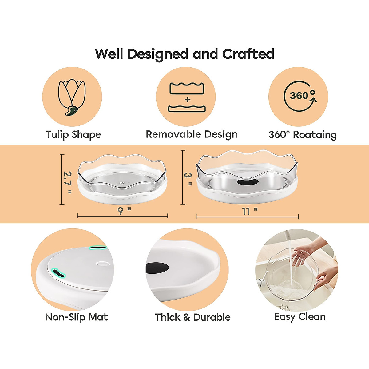 [2 Pack] Lazy Susan Organizer with Removable Bins, Non-Skid Rotating Spice Rack Organizer for Cabinet, Lazy Susan Turntable for Cabinet Fridge Kitchen Bathroom Makeup Organization, 9" & 11", White