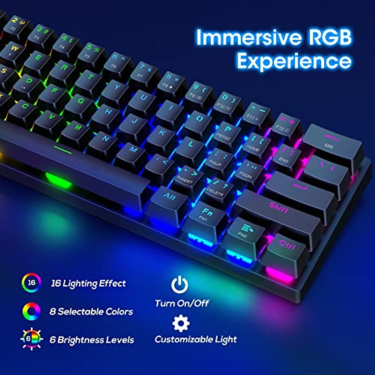 Pauroty 60% Wireless Mechanical Keyboard, Triple Mode 2.4G/USB-C/Bluetooth Keyboard, RGB Backlit, Clicky Blue Switch, 61 Keys Rechargeable Mini Wireless Gaming Keyboard for iPad Mac PC Xbox