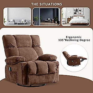 VON RACER Bosmiller Recliner Chair Soft Fabric with Heat and Massage Oversized Chairs for Adults Manual Rocking Big Tall 2 Cup Holders Living Room Classic Brown