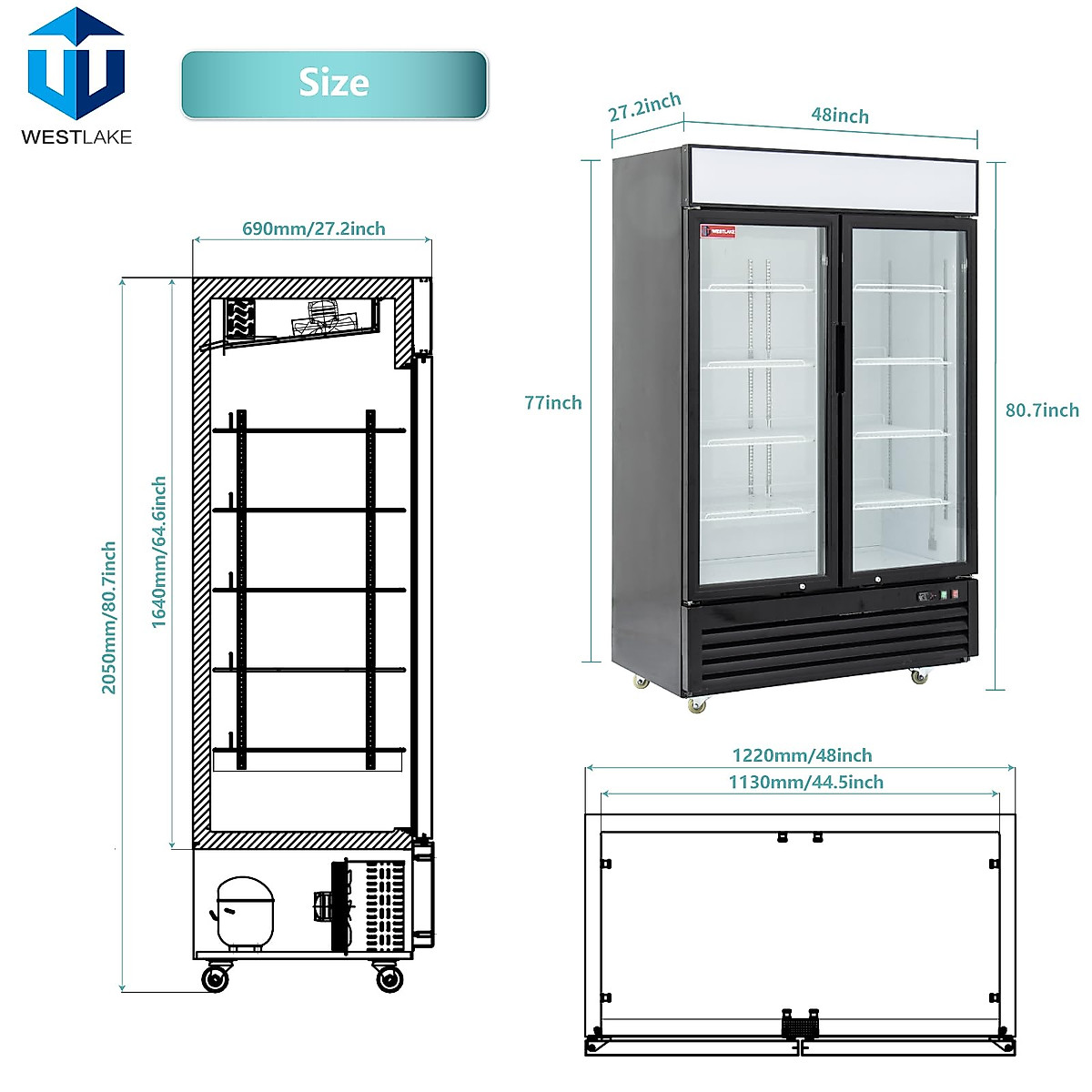 WESTLAKE Merchandiser Commercial Display Refrigerator Glass Door Section Reach-in Glass Door Upright Fan Cooling