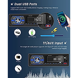Roinvou Car Radio Bluetooth Single DIN Car Stereo Audio, MP3 Player Car Stereo 1 DIN with Bluetooth Handsfree/FM/Dual USB/TF/AUX/Fast Charging, Built-in Microphone, Multi Color LCD, Not a CD Player