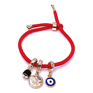 LESLIE BOULES Red Charm Bracelet Saint Michael Archangel Medal Genuine Azabache Stone and Blue Evil Eye Pendant