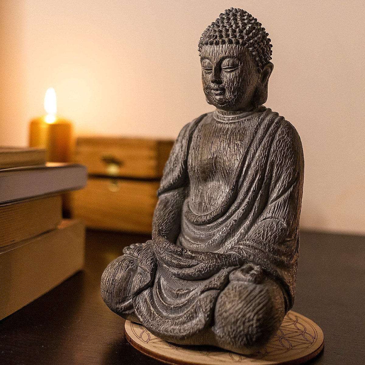 LOTS OF ZEN Mini Buddha Statue — 6.7 inch Buddha Statue with Wooden Round Base Included — Mini Buddha Statue for Spiritual Home Decor