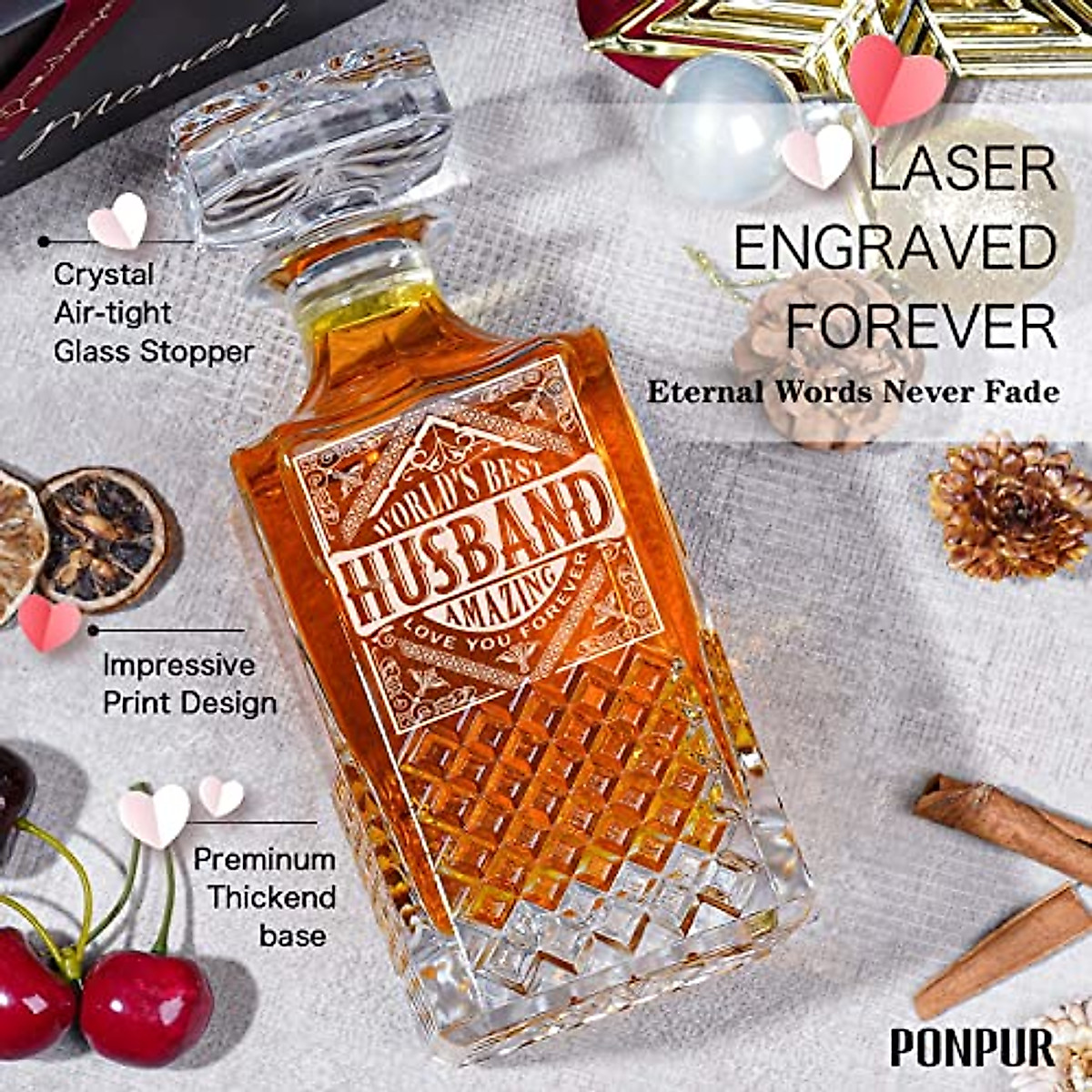 PONPUR Gifts for Men Him Husband from Wife, Whiskey Decanter Set with 2 Whisky Glasses, Unique Anniversary Birthday Gift for Husband, Cool Christmas Presents for Scotch Bourbon Lovers