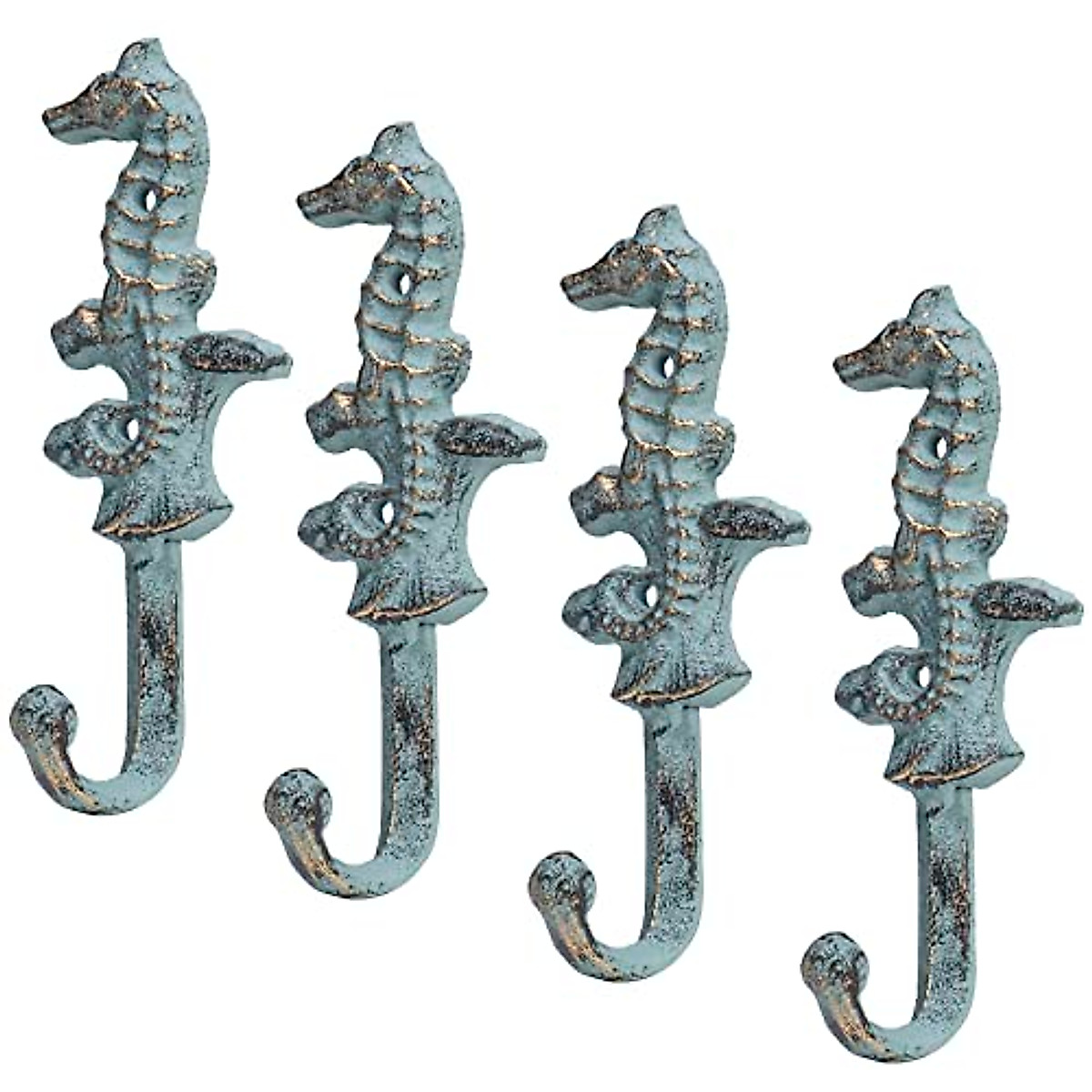 Red Co. Set of 4 Decorative 5.5” Boho Chic Cast Iron Wall Hanging Seahorse Hooks in Distressed Finish