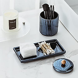 Redelaenor Qtip Holder Bathroom Set with Tray(3PCS) - 2 Piece 12 oz Blue Apothecary Jar Canister with Lid and 1 Pack Ceramic Vanity Tray