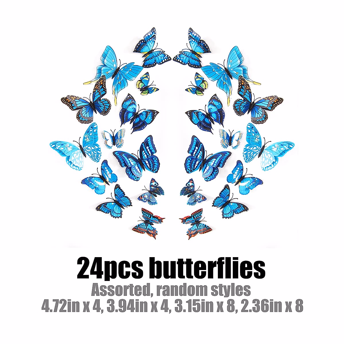 Tuxiaobu 24PCS Butterfly Wall Decal, Removable Refrigerator Magnets Mural Stickers, 3D Wall Stickers for Kids Home Room Art Decorations Wall, Double Wings - Blue