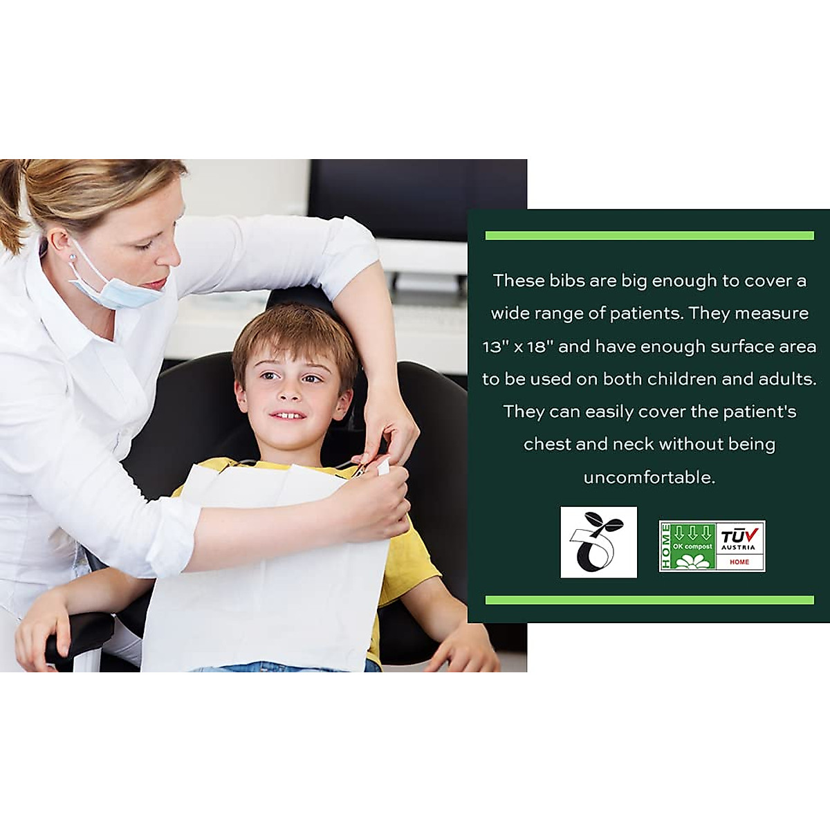 aba Waterproof Biodegradable Compostable Disposable Dental Bibs 50 pcs| Multipurpose 3 ply Patient Bibs | Tattoo | Piercing | Beauty Salon | Clean Dining | 13" x 18" Kraft Sheet