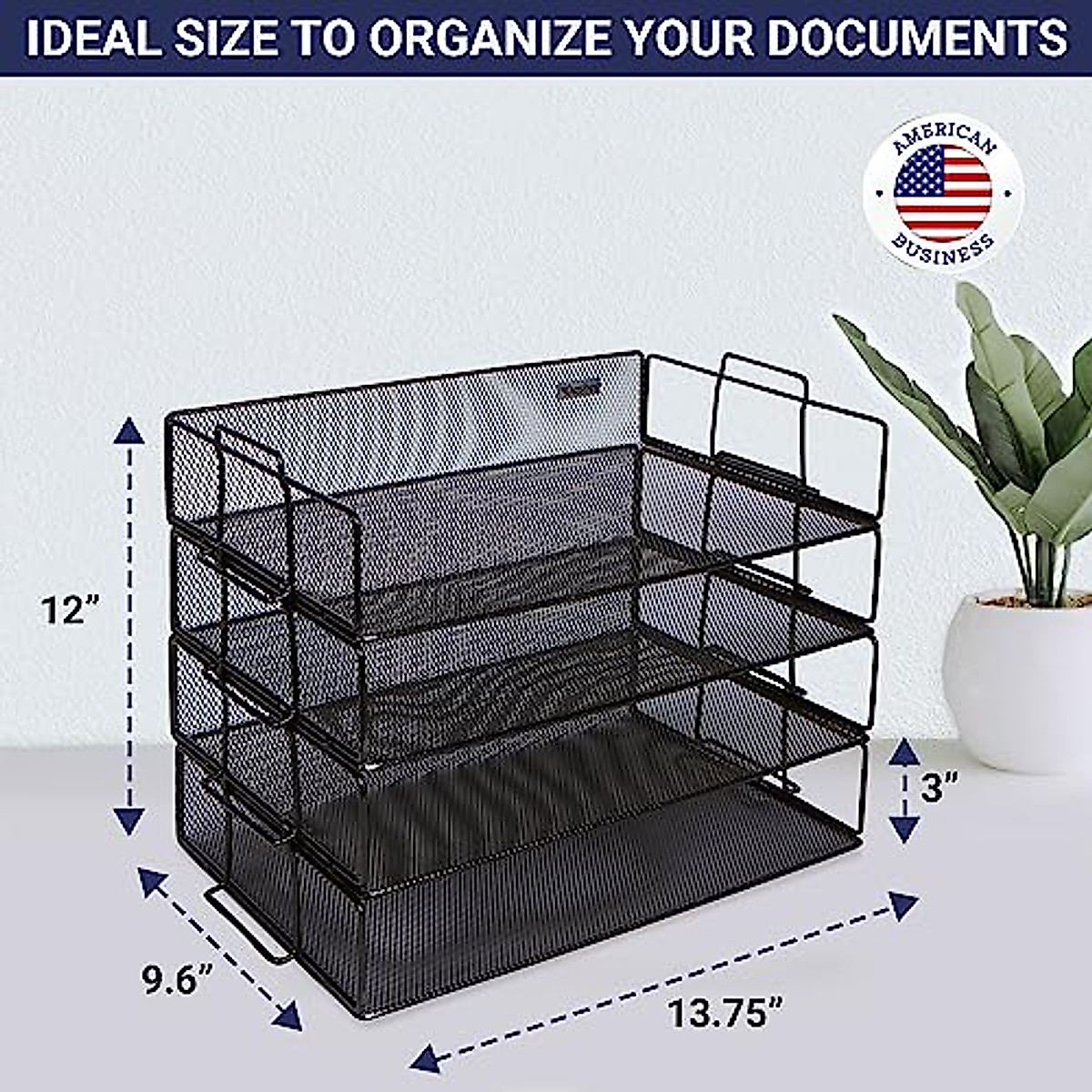 Stackable Paper Tray Desk Organizer – 4 Tier Metal Mesh Letter Organizers for Business, Home, School, Stores and More, Organize Files, Folders, Letters, Paper, Binders