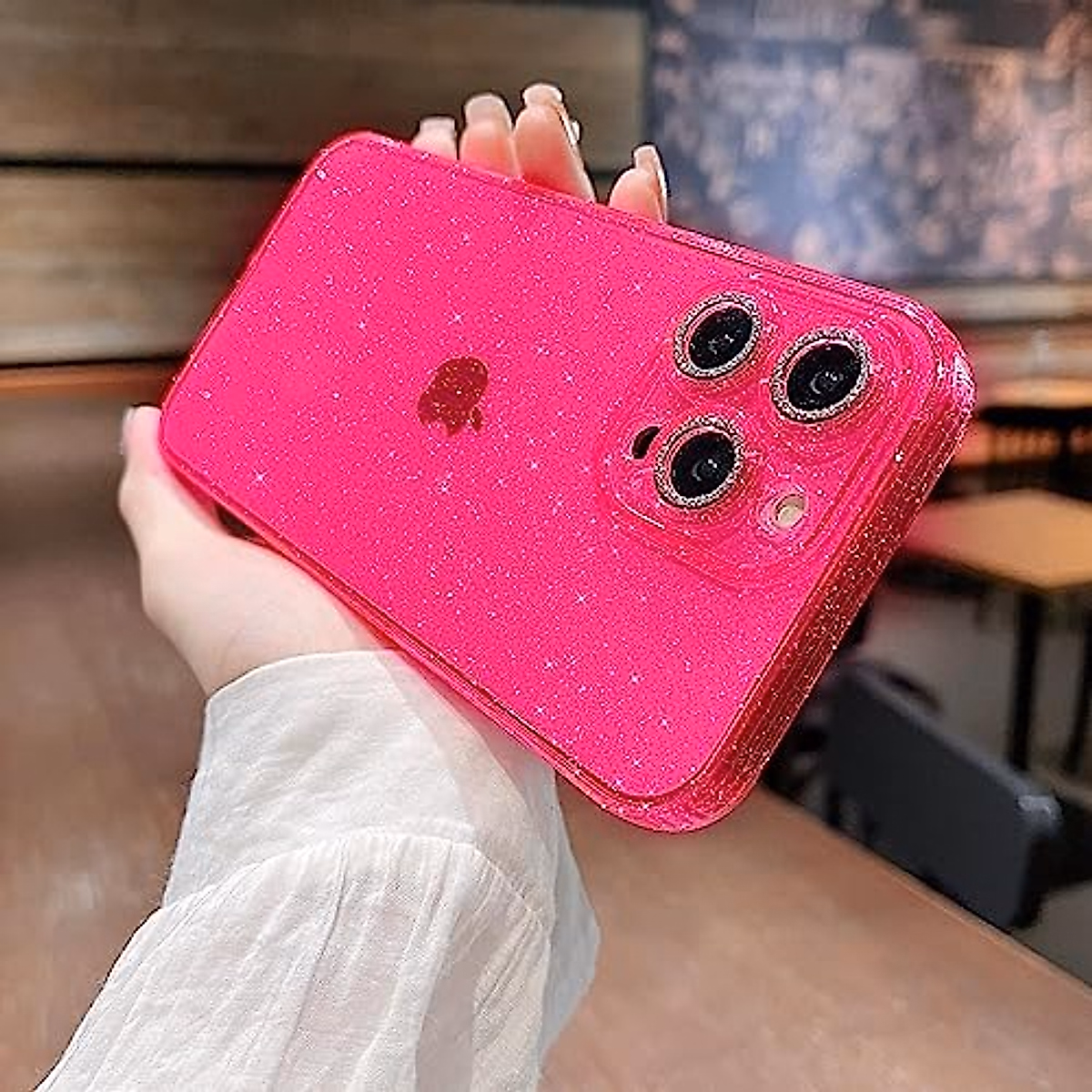 MINSCOSE Compatible with iPhone 14 Pro Max Case 6.7 inch, Cute Neon Bright Color with Bling Glitter Diamond Camera Protector, Clear Crystal Phone Case Shockproof Sparkle Len for Women Girls-Hot Pink