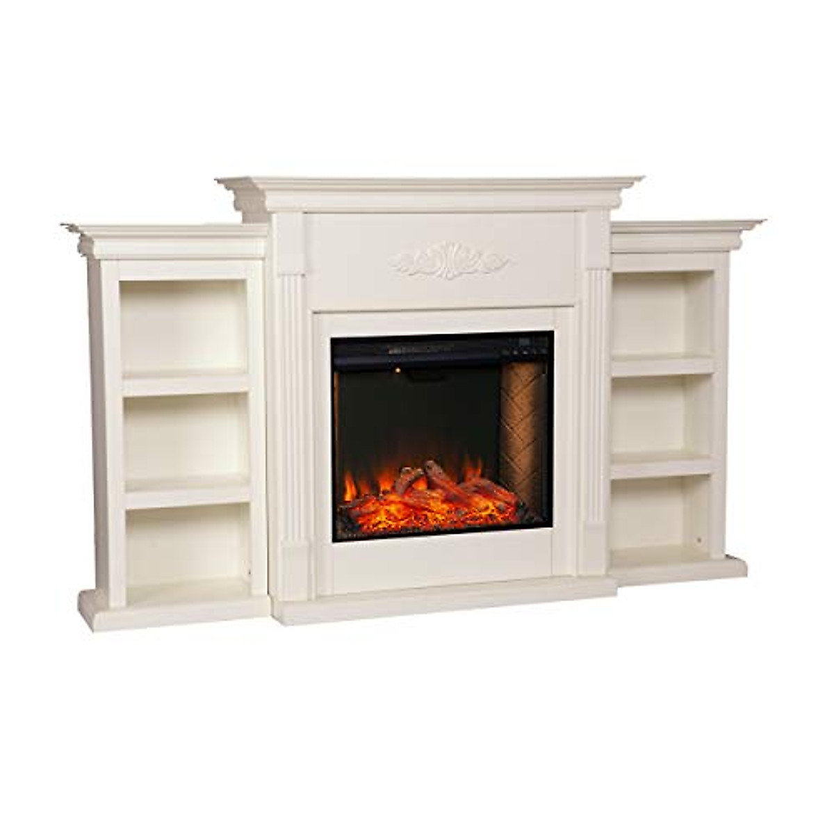 SEI Furniture Tennyson Alexa-Enabled Electric Bookcases Fireplace, Ivory