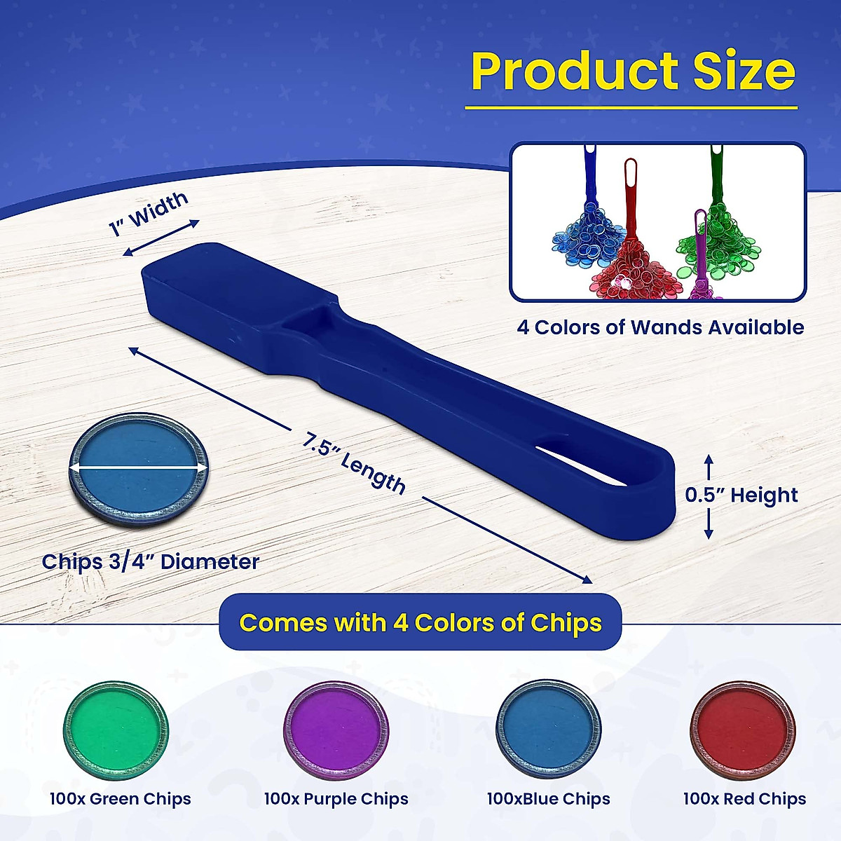 MR CHIPS Made in USA Set of 4 Bingo Magnetic Wands & 400 Pieces Upgraded ¾ Inch Plastic Chips with Metal Rings in 4 Colors Blue, Red, Green, and Purple
