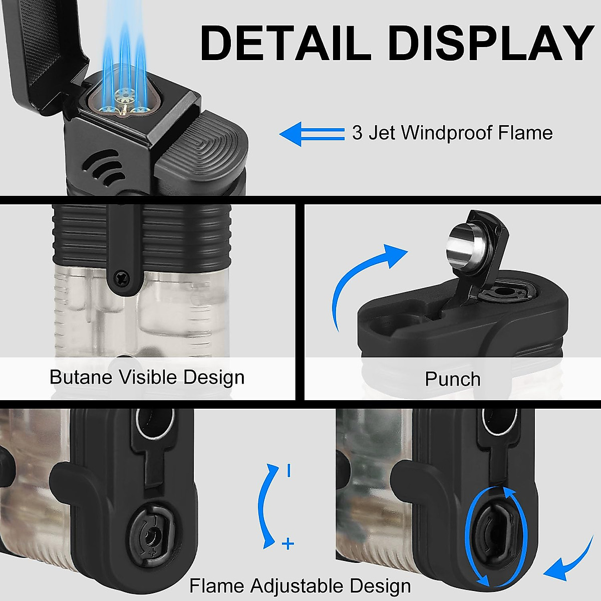 Kantion 2 Pack Torch Lighter Triple Jet Flame Butane Torch Lighters Refillable Butane Gas Lighter Windproof Adjustable 3 Flame Lighter Gift for Men and Women(Black+Black,Without Gas)