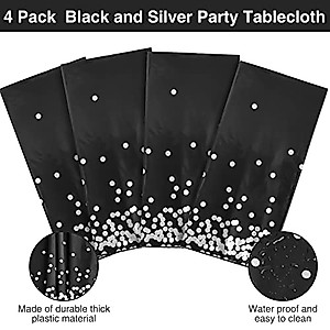 4 Pack Black and Sliver Dot Tablecloth, Sliver Stamping Dot Confetti Rectangle Plastic Disposable Table Cover for Birthday Wedding Baby Shower Engagement Anniversary Party 54 x 108 Inch