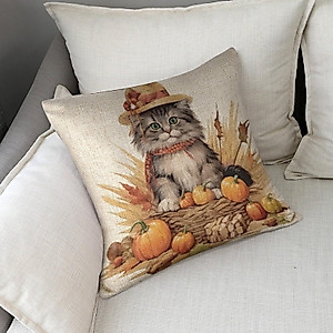 Cute Cat Autumn Pumpkin Throw Pillow Covers 18×18 Pillowcases Set of 1 Thanksgiving Day Linen Decorative Square Pillow Case Cushion Covers Standard Size for Sofa Couch Outdoor Bed Pillow Protectors