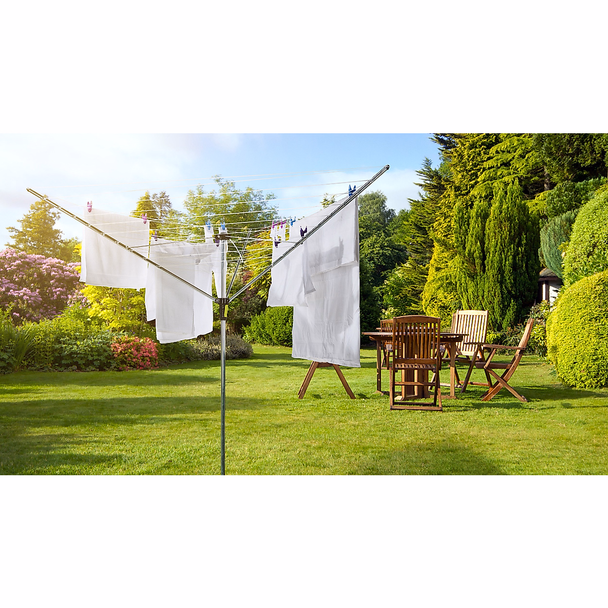 Minky Easy Breeze 115 Ft. Round 3 Arm Rotary Clothesline, Umbrella Drying Rack for Laundry, Easy Operation, Silver