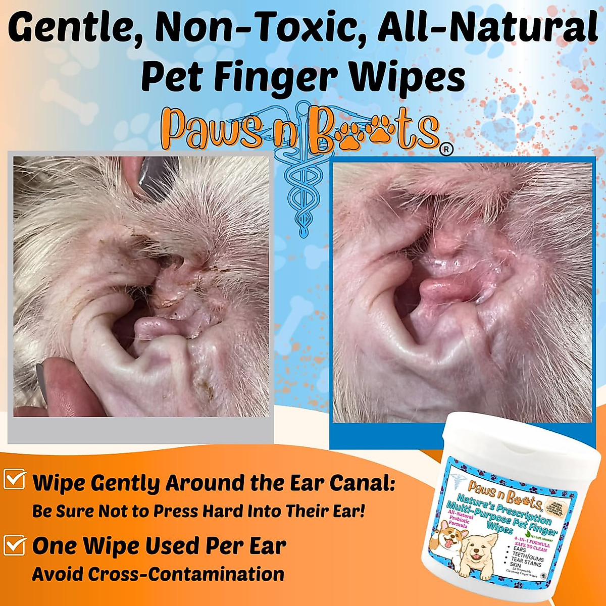 Multi-Purpose All-Natural Pet Finger Wipes, Organic, Safe, Non-Toxic Formulated Pre-Moistened Wipes. Remove Plaque & Whiten Teeth, Clear Ear Wax/Dirt Buildup, Soothe Dry Skin Folds, Remove Tear Stains
