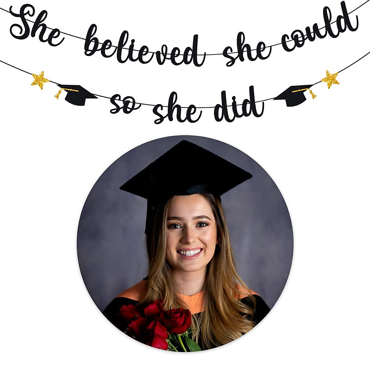 2024 Graduation Banner, Glittery She Believed She Could So She Did Banner Garland Photo Props Banner for Party Home Classroom Decorations… (Black)