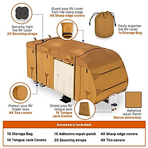 Lanceton 20-22ft Travel Trailer Camper RV Cover Package Premium Heavy-Duty Waterproof Anti-UV Breathable Fabric Including Jack Cover 4 Tire Covers and 2 Secure Straps