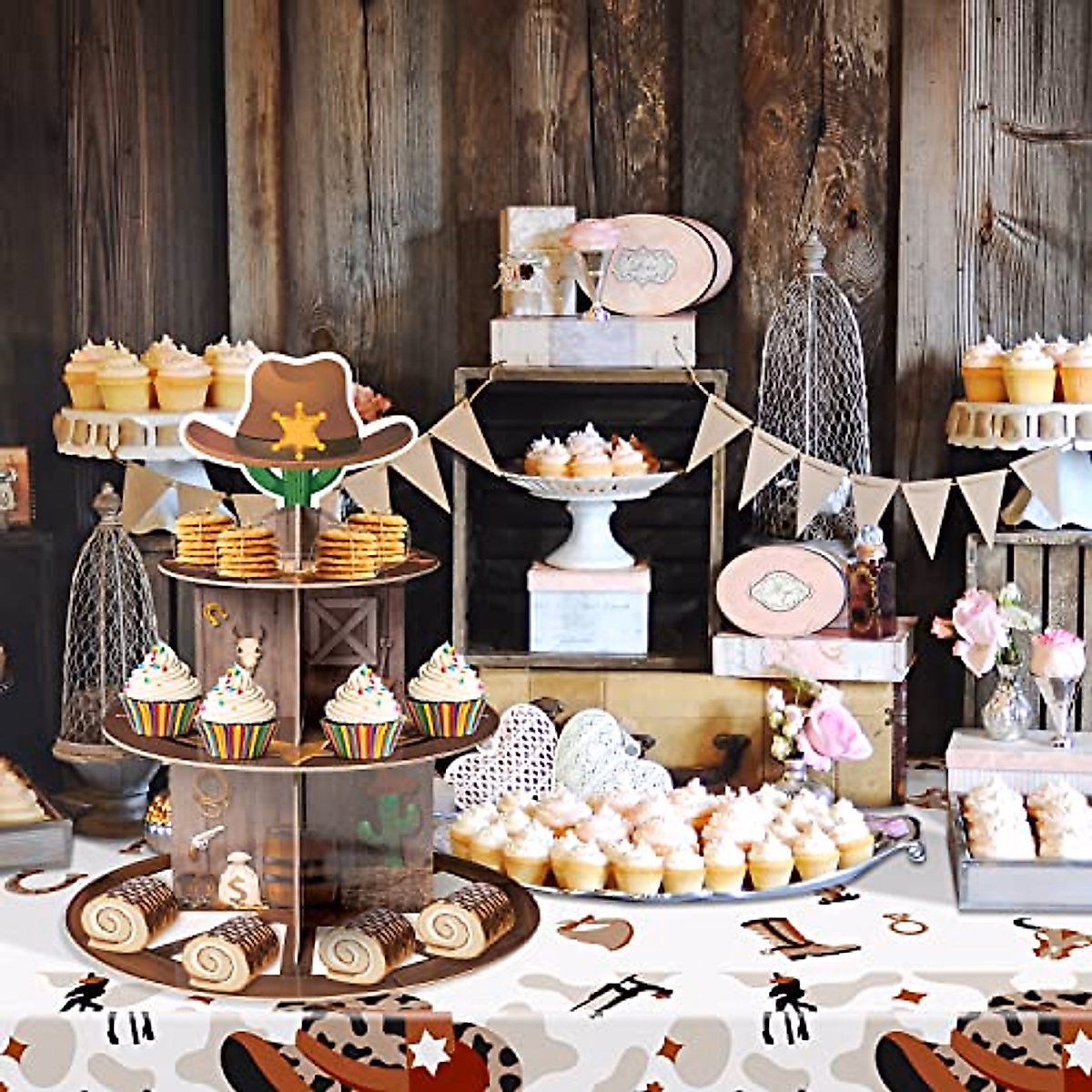 Haooryx Western Cowboy Party Decoration Cupcake Stand, 3 Tier Wild West Wooden House Barn Door Cupcake Tower Cardboard Dessert Holder for Western Cowboy Theme Birthday Party Baby Shower Table Supplies