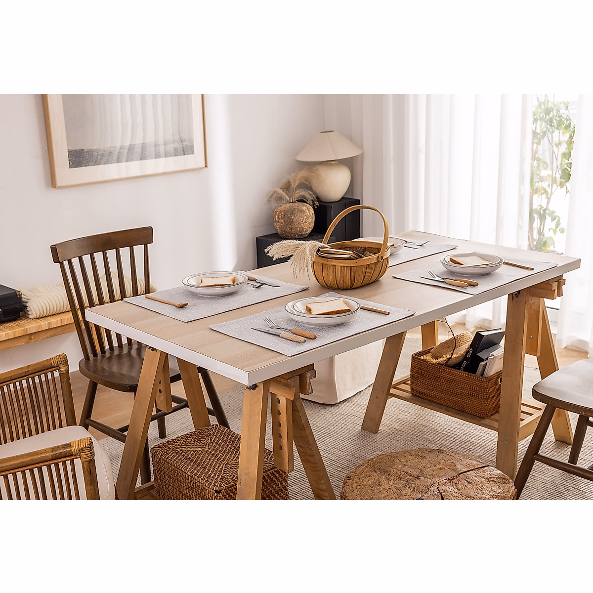 Kevin Textile Faux Linen Heat Resistant Placemats for Dining Table Set of 4, Easy to Clean Anti-Slip Place Mats, 13" x 19", Grey White