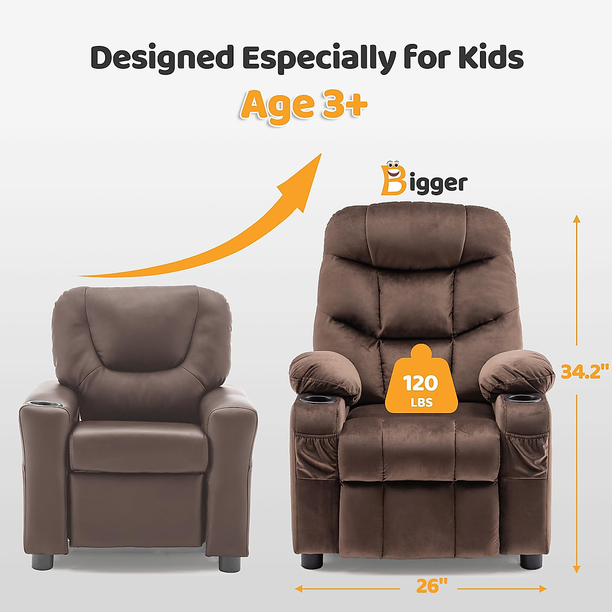 MCombo Big Kids Recliner for Ages 3+, Child Recliner Chair, Toddlers Recliner Sofa with Cup Holders (Velvet, Brown)