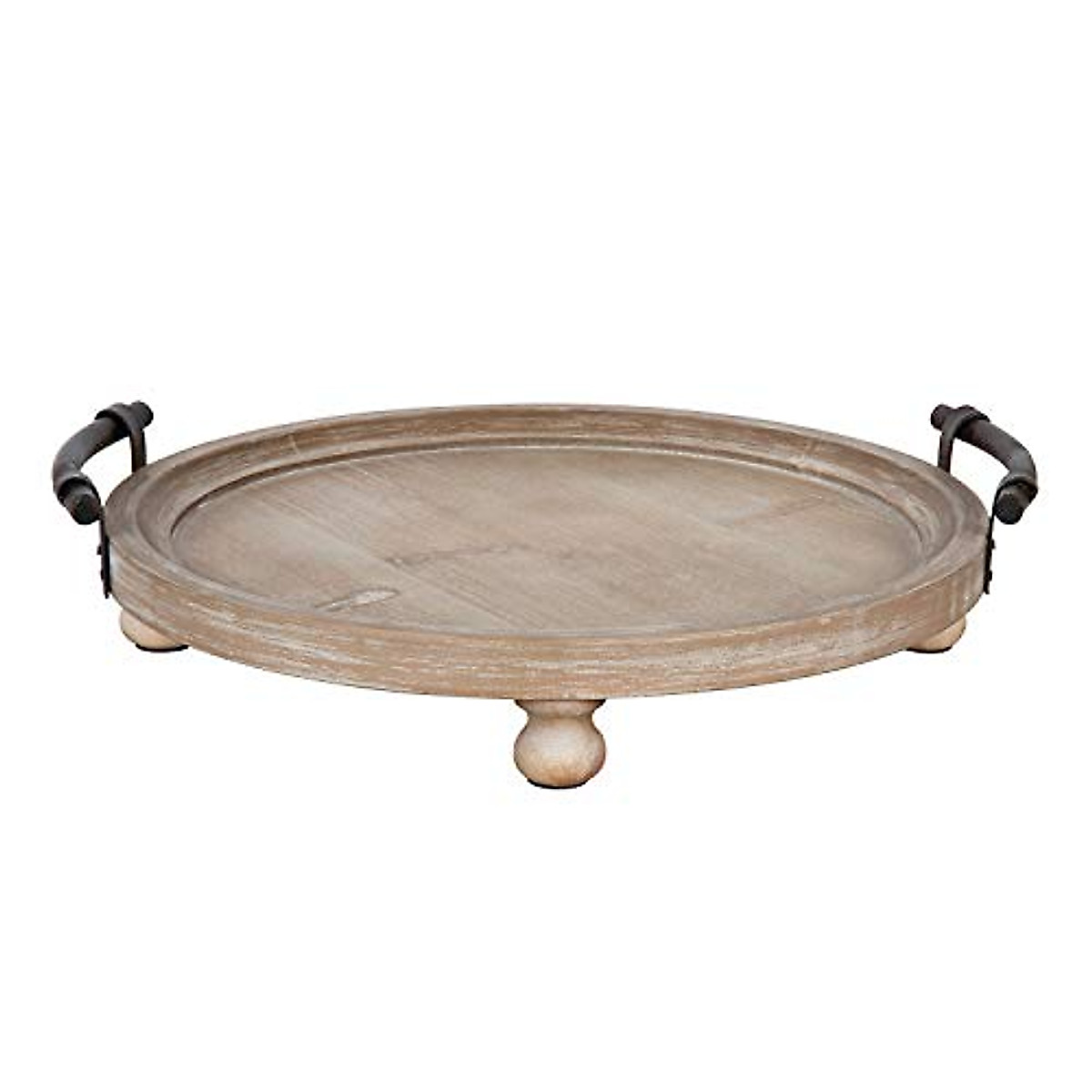 Kate and Laurel Bruillet Round Wooden Footed Tray with Handles, 15 inch Diameter, Rustic Finish