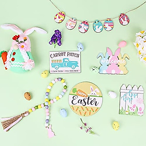 17PCS Easter Tiered Tray Decor Bunny Gnome DIY Wooden Signs Decor With Cute Beads For Home House Room Table Shelf Easter Decorations (Easter)